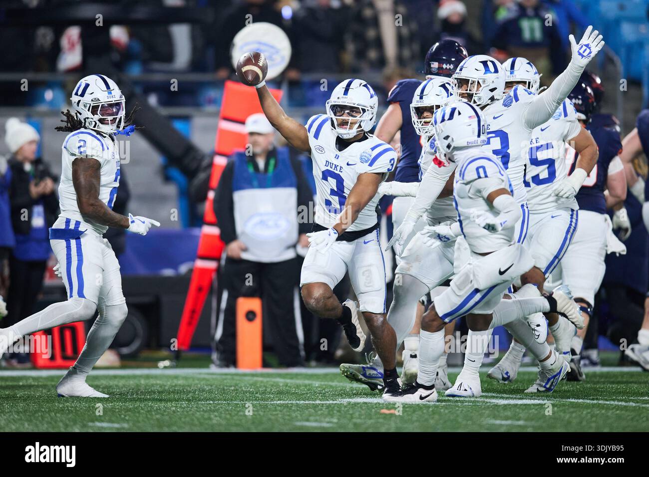 Duke defensive back Caleb Weaver (3) celebrates after intercepting a ...