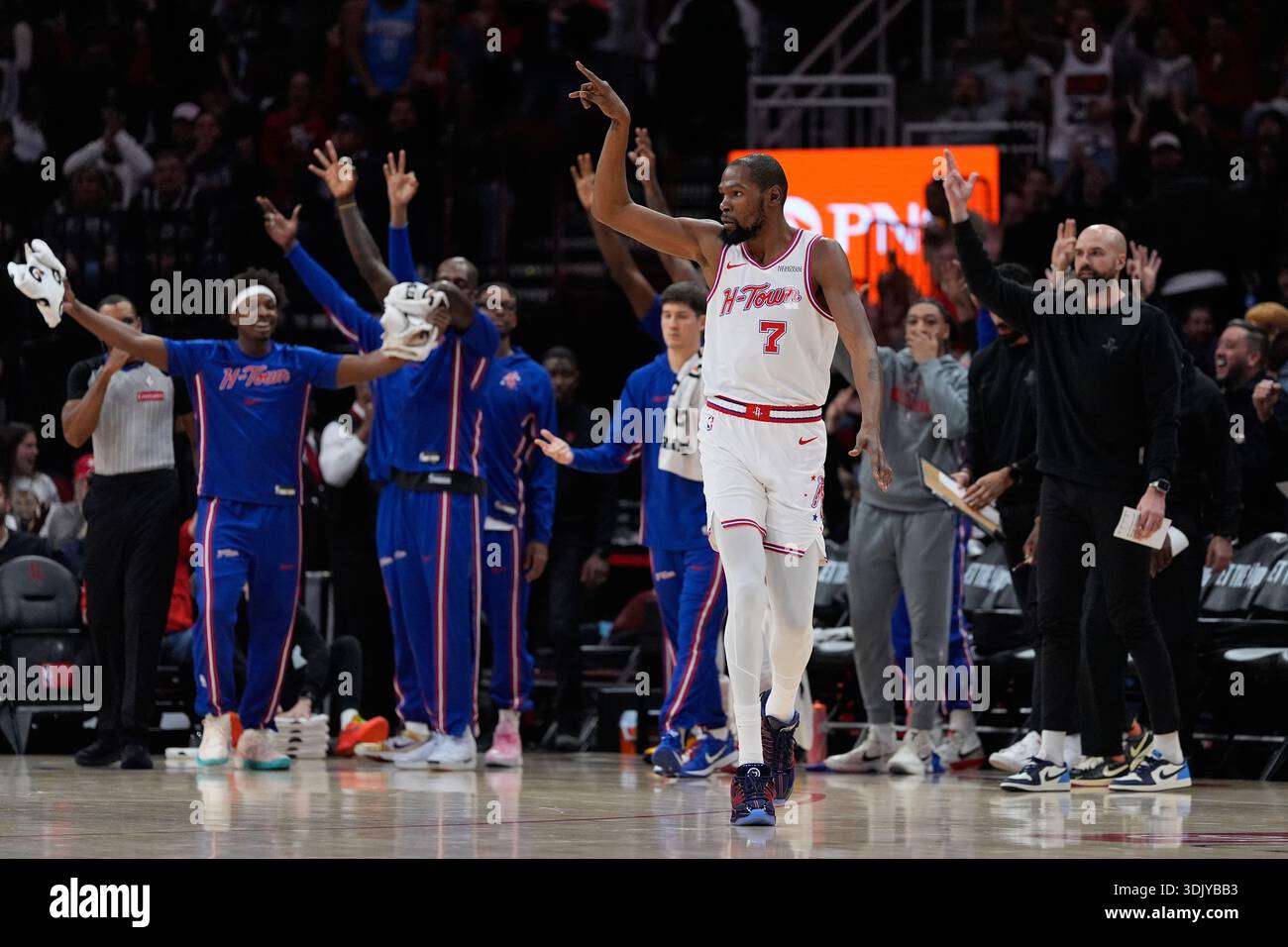 Houston Rockets forward Kevin Durant (7) reacts after shooting a 3 ...
