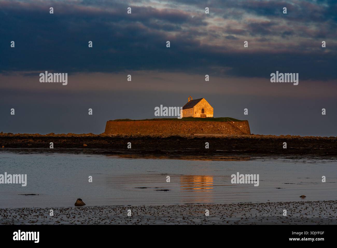 View of St Cwyfan's Church on Cribinau island surrounded by a stone sea ...