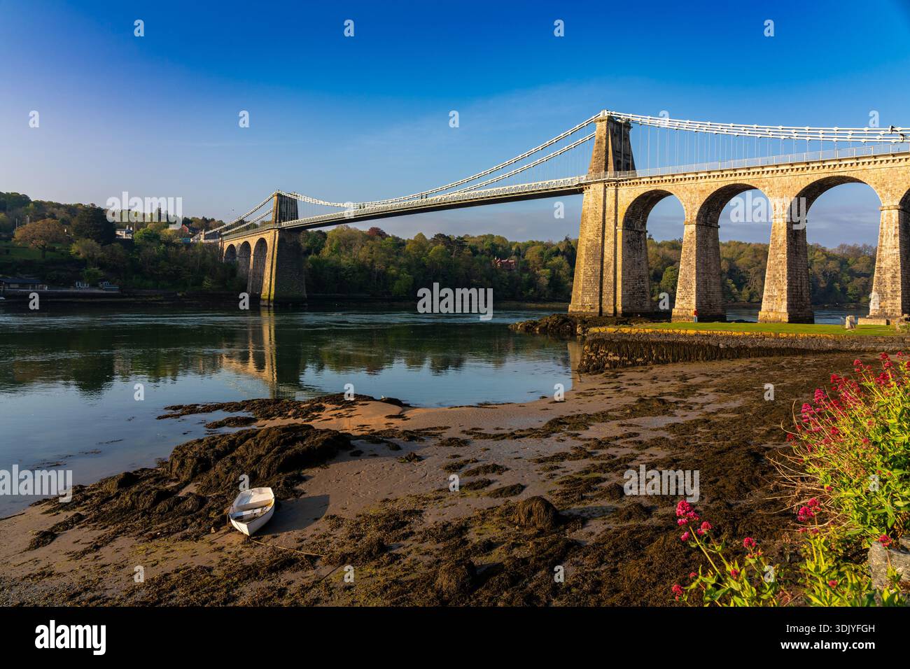 Wide view of the historic Menai Suspension Bridge casting shadows over ...