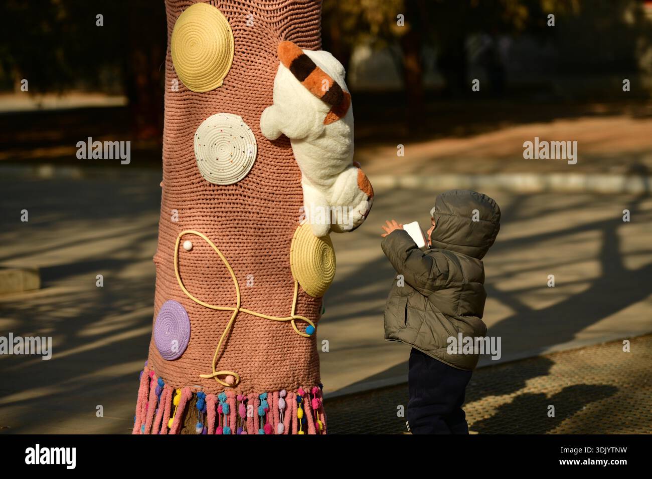 Trees are covered with sweaters to protect them from the cold at Ditan ...
