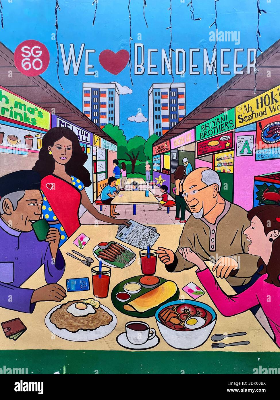 Colourful wall mural showing racial harmony community in Singapore ...
