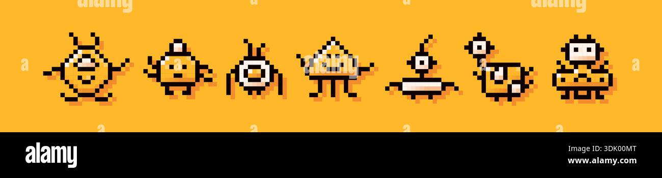 Pixel art color invaders. 8-bit game images of monsters on yellow ...