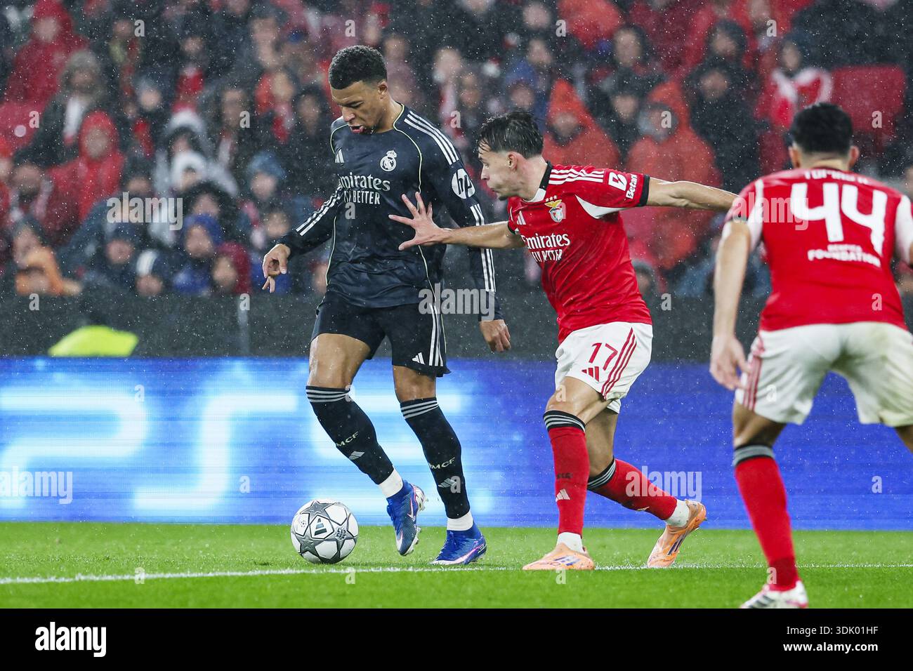 Kylian Mbappe of Real Madrid CF and Amar Dedic of SL Benfica during the ...