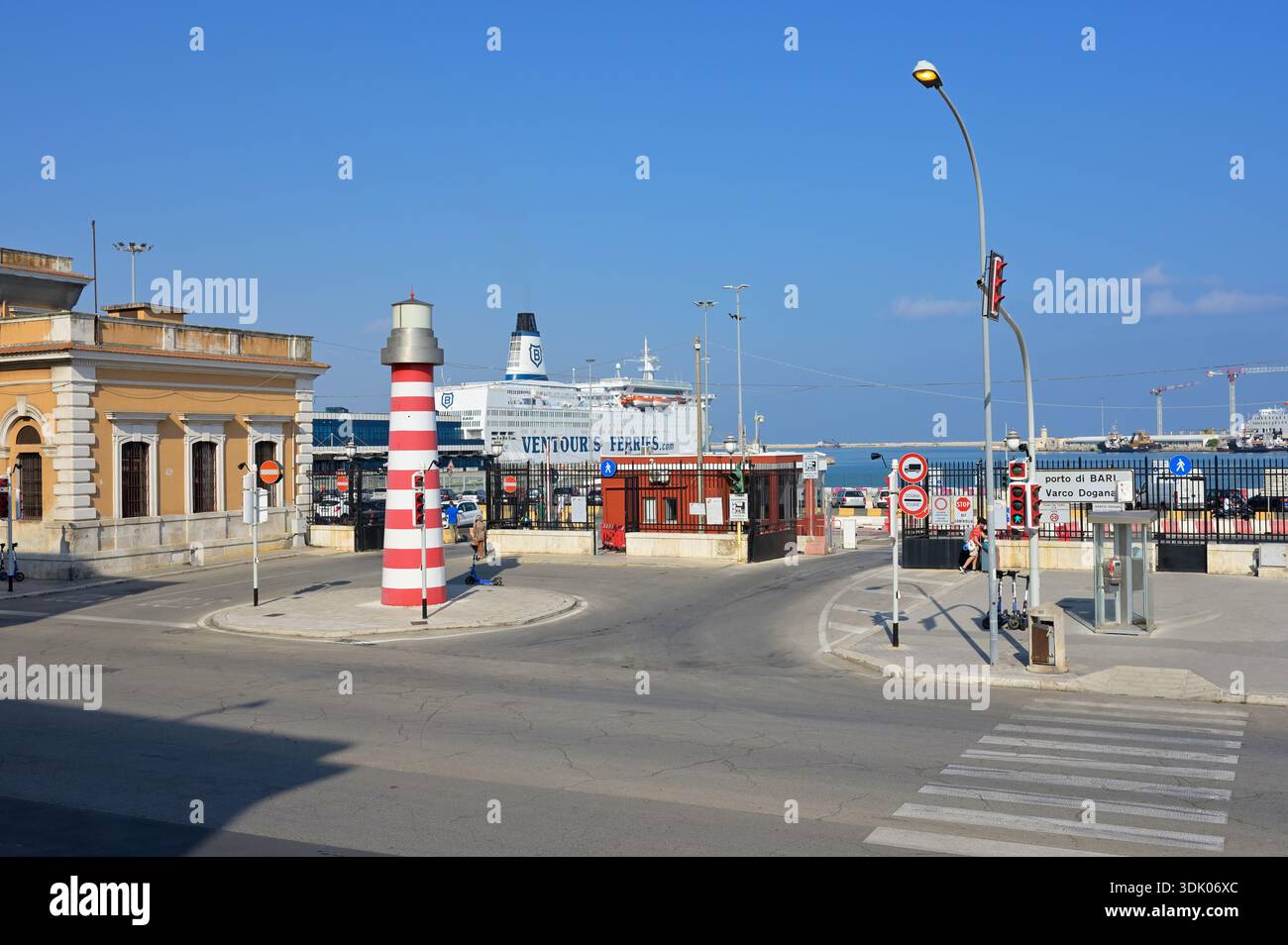 Bari port entrance featuring lighthouse, customs checkpoint and ferry ...