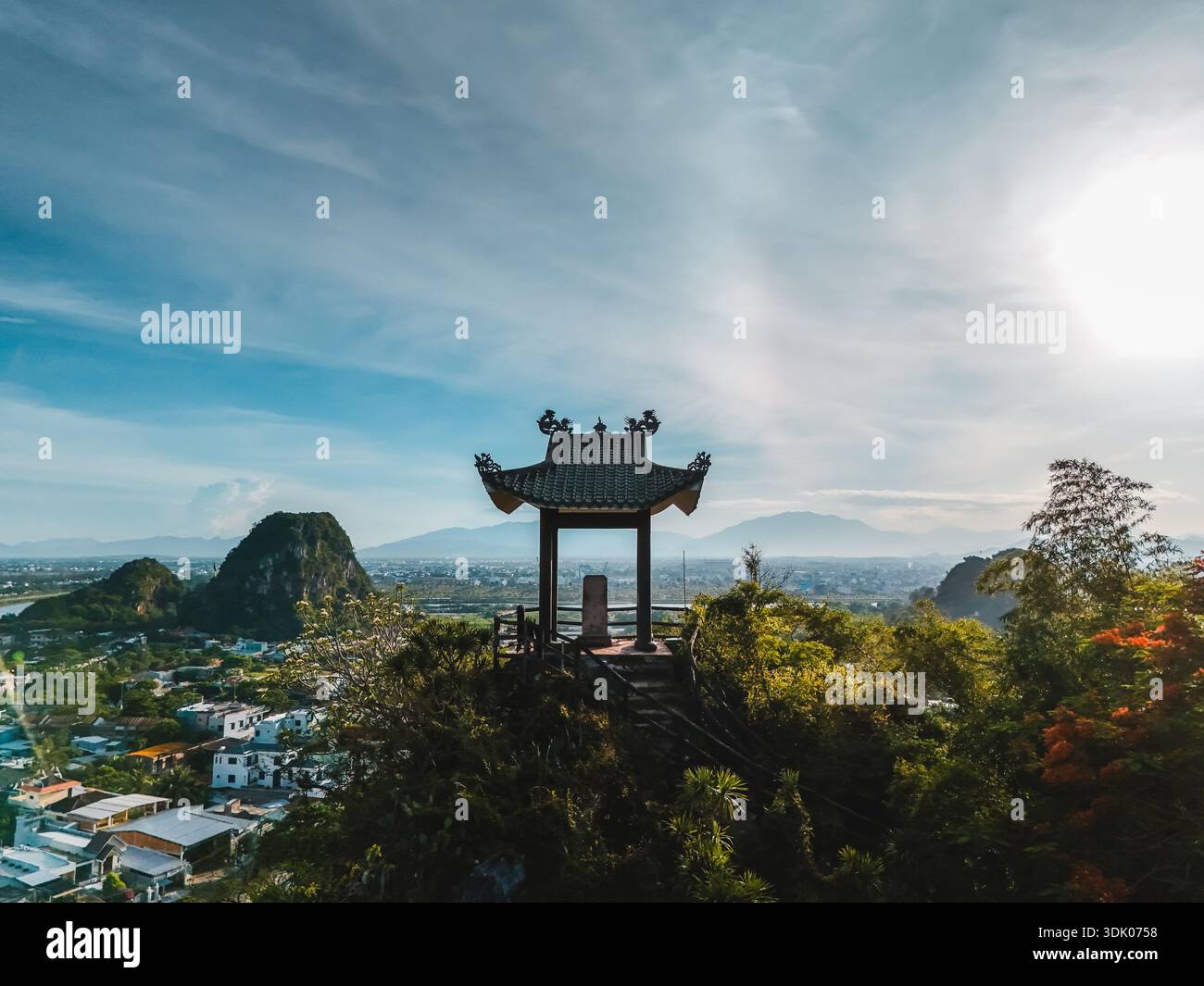Pagoda pavilion atop Marble Mountains aerial view blue sky, Temple ...