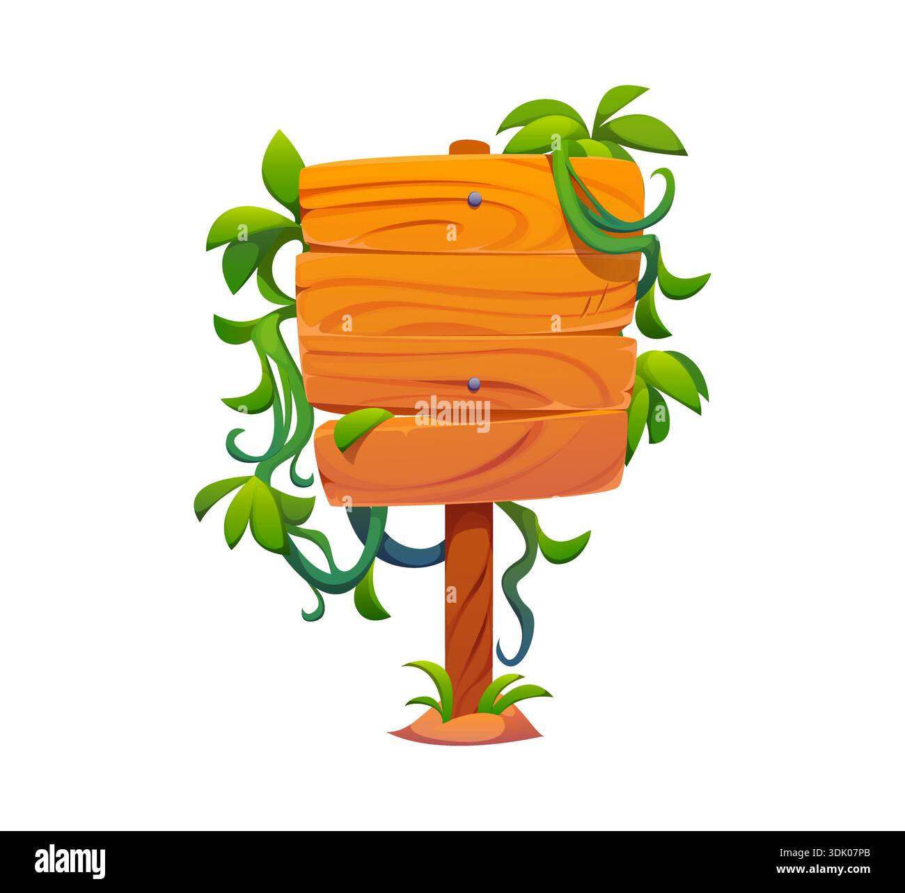 Cartoon wooden sign board decorated jungle leaves and lianas. Blank ...