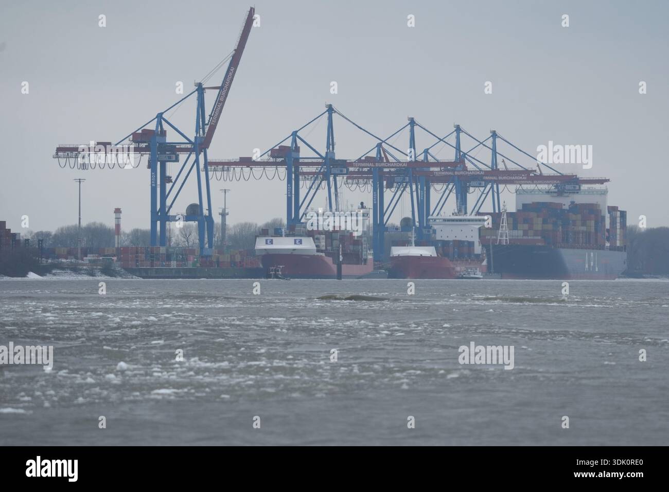 29 January 2026, Hamburg: Container ships are handled at Container ...