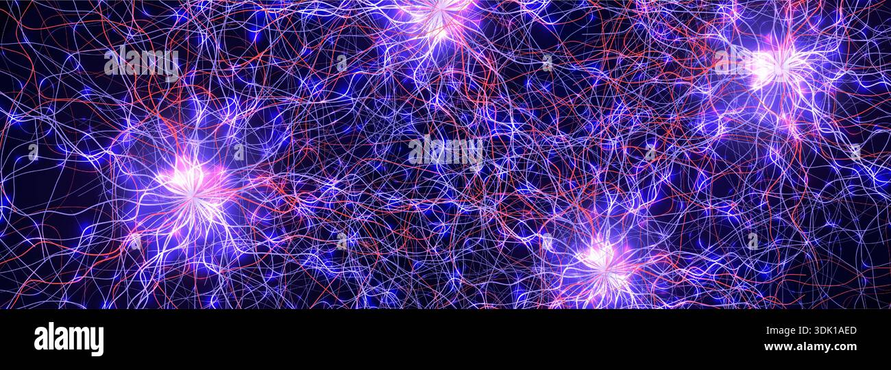 Neural network connections background with glowing red purple lines on ...