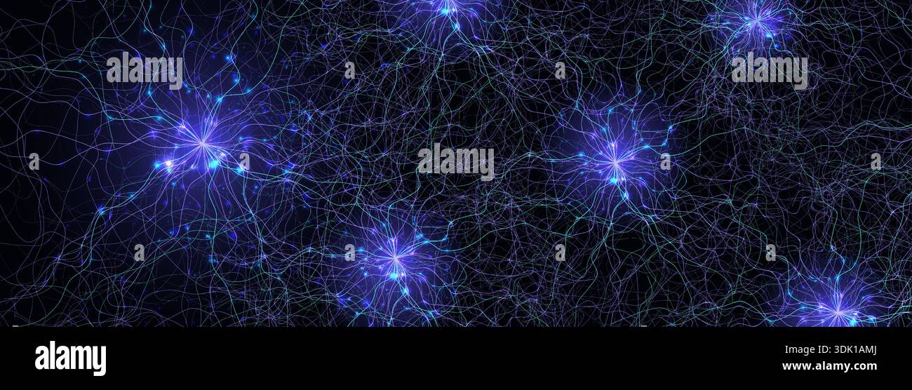 Neural network connections background with glowing blue lines on dark ...