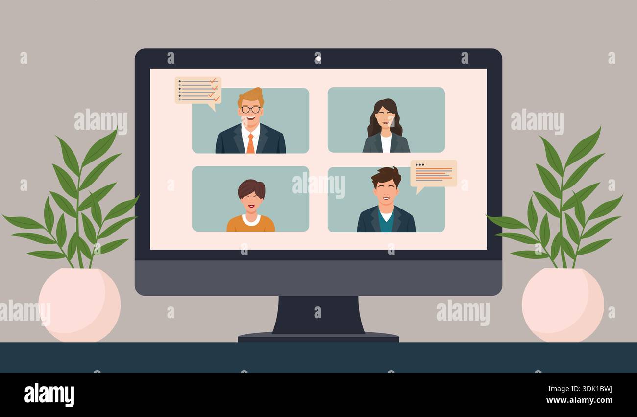 Virtual team meeting on desktop computer monitor screen vector ...
