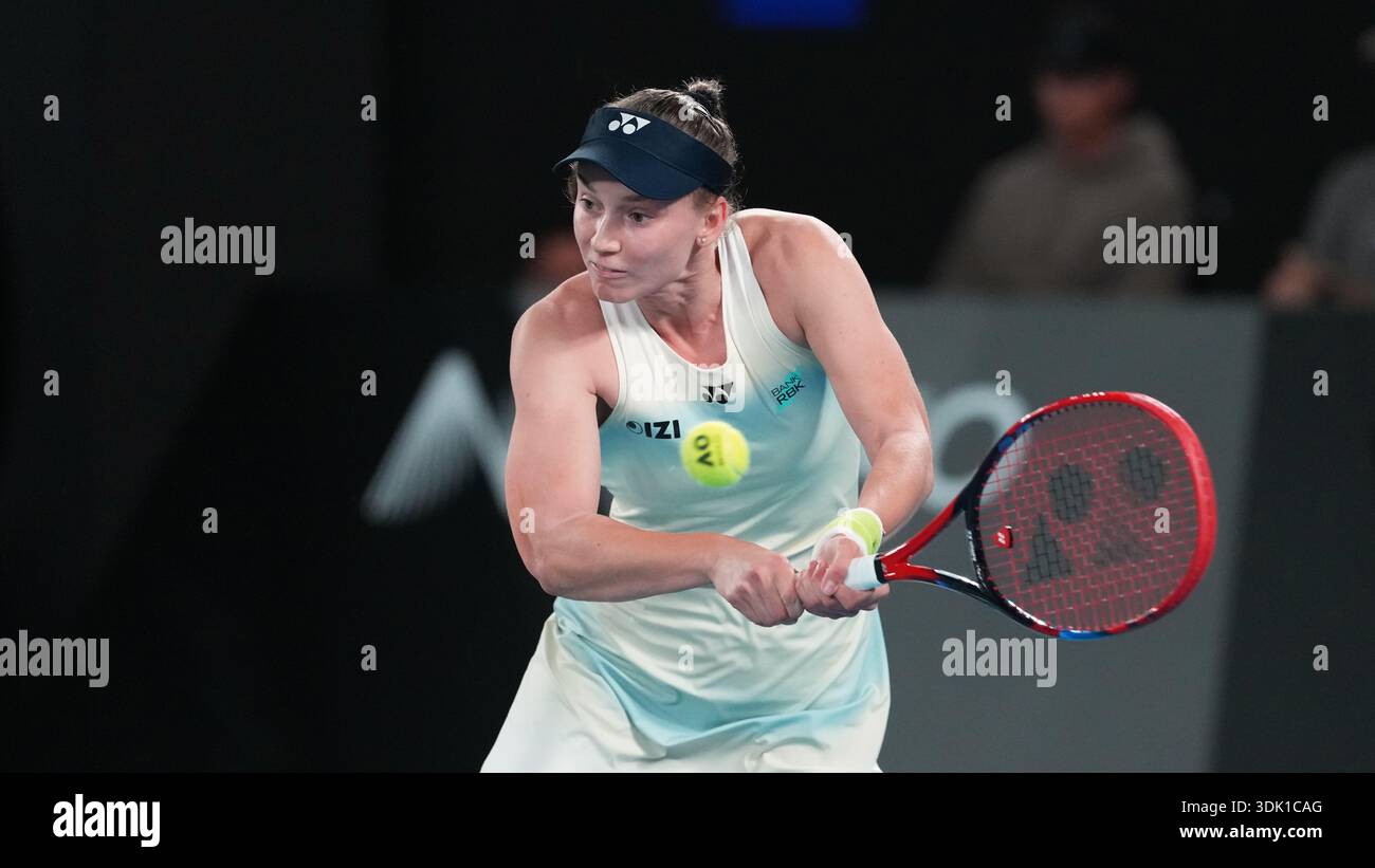Elena Rybakina of Kazakhstan plays a backhand return to Jessica Pegula ...