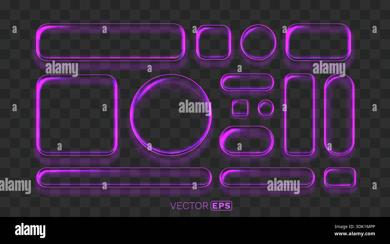 Collection of glowing purple neon frames and buttons. Modern glass UI ...