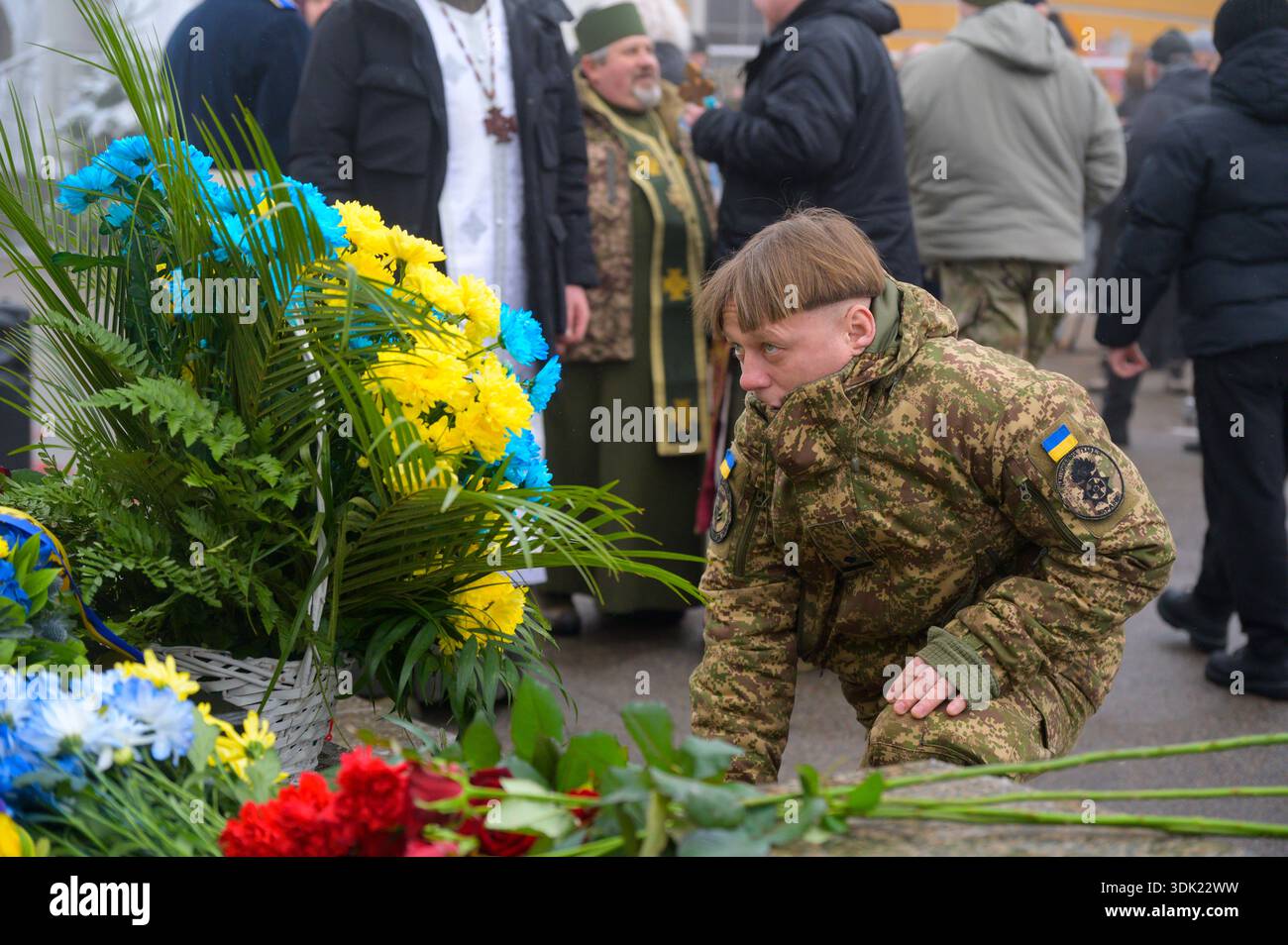 Kyiv, Ukraine - 29th January,2026: Ukrainian soldier observing flowers ...