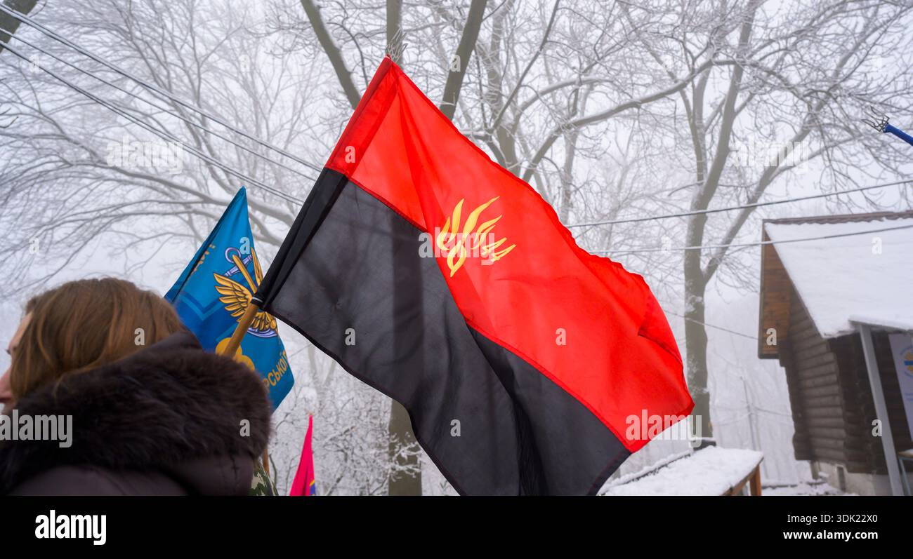 Kyiv, Ukraine - 29th January,2026: Red and black UPA flag with stylized ...