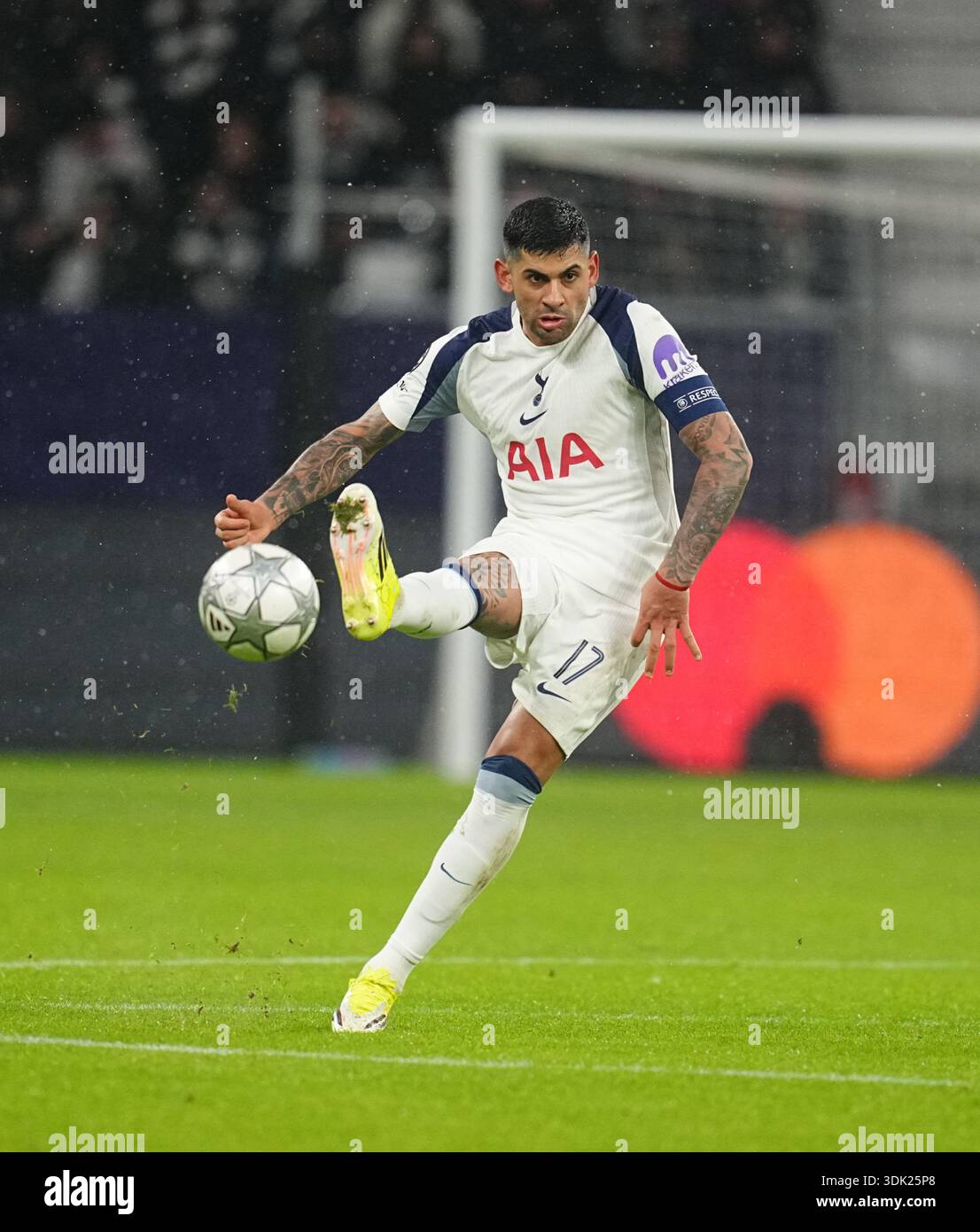 January 28 2026: Cristian Romero of Tottenham Hotspur controls the ball ...