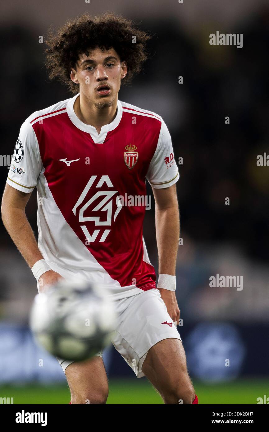 Maghnes Akliouche of AS Monaco eyes the ball during the UEFA Champions ...