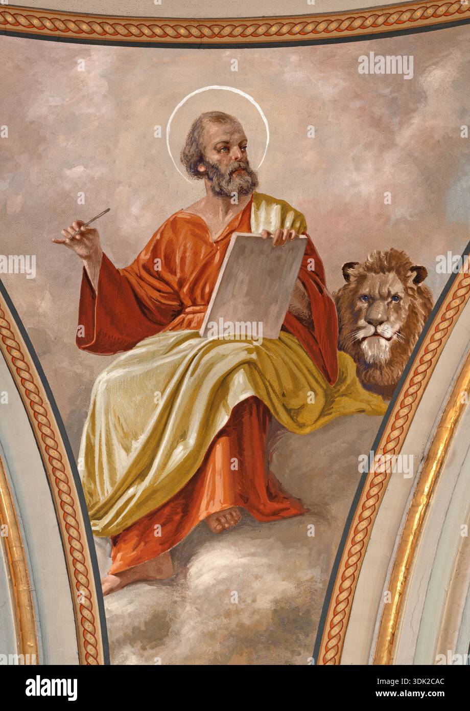 NOVARA, ITALY - JANUARY 16, 2026: The fresco of St. Mark the Evangelist ...