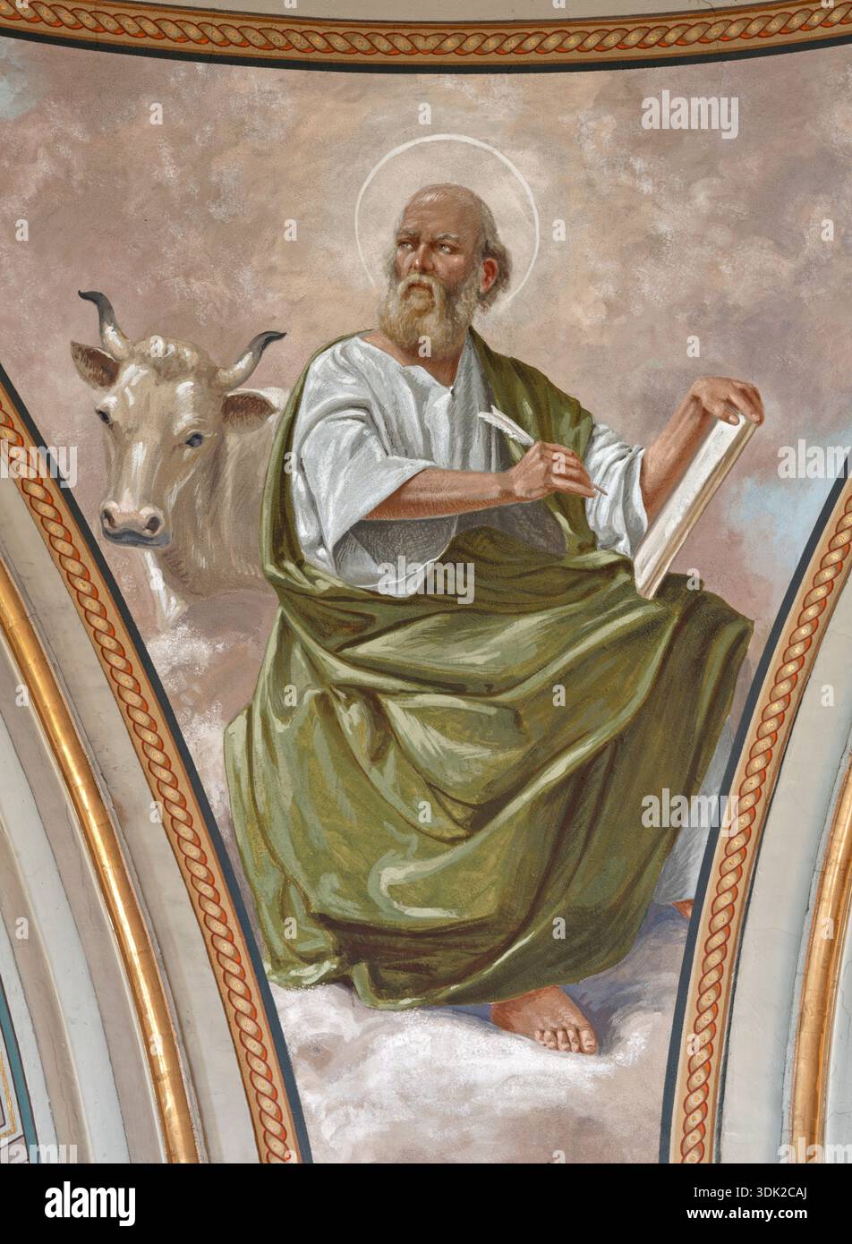 NOVARA, ITALY - JANUARY 16, 2026: The fresco of St. Luke the Evangelist ...