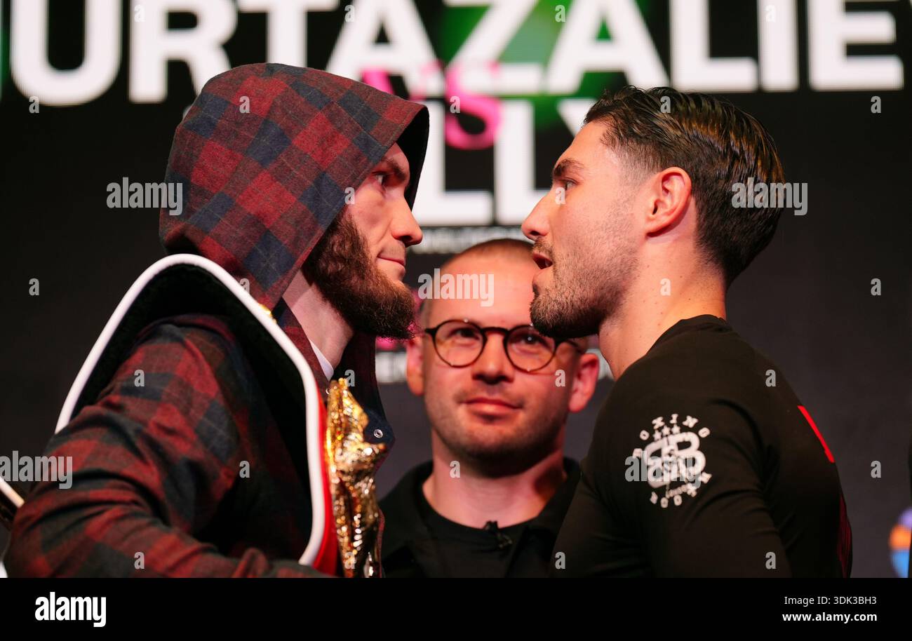 Josh Kelly and Bakhram Murtazaliev face off during a press conference ...