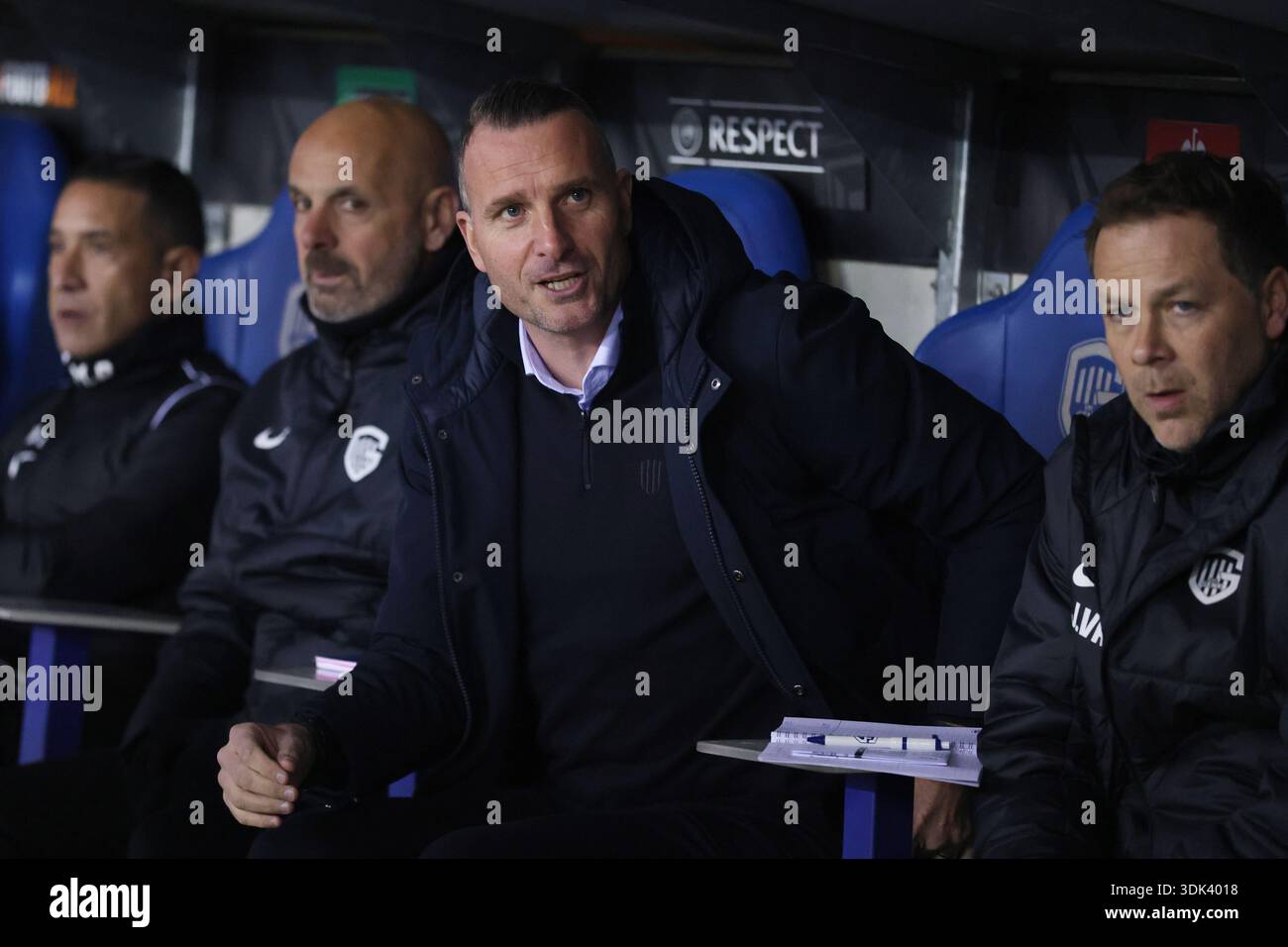 Genk's head coach Nicky Hayen, center, during the Europa League opening ...