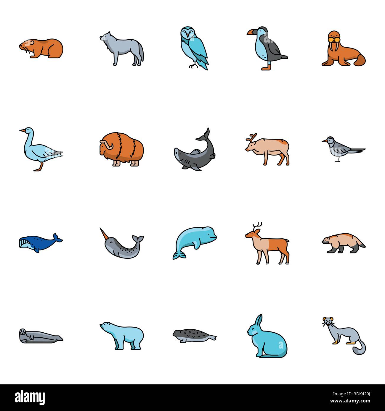 Arctic animals color line icons set for digital and print projects ...