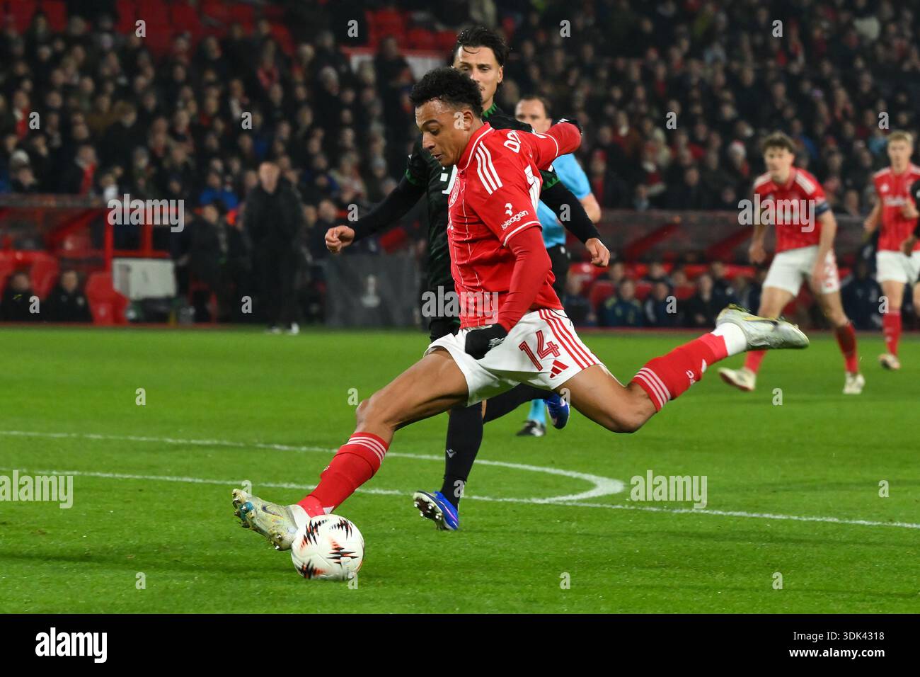 Dan Ndoye of Nottingham Forest lines up a shot at goal during the UEFA ...