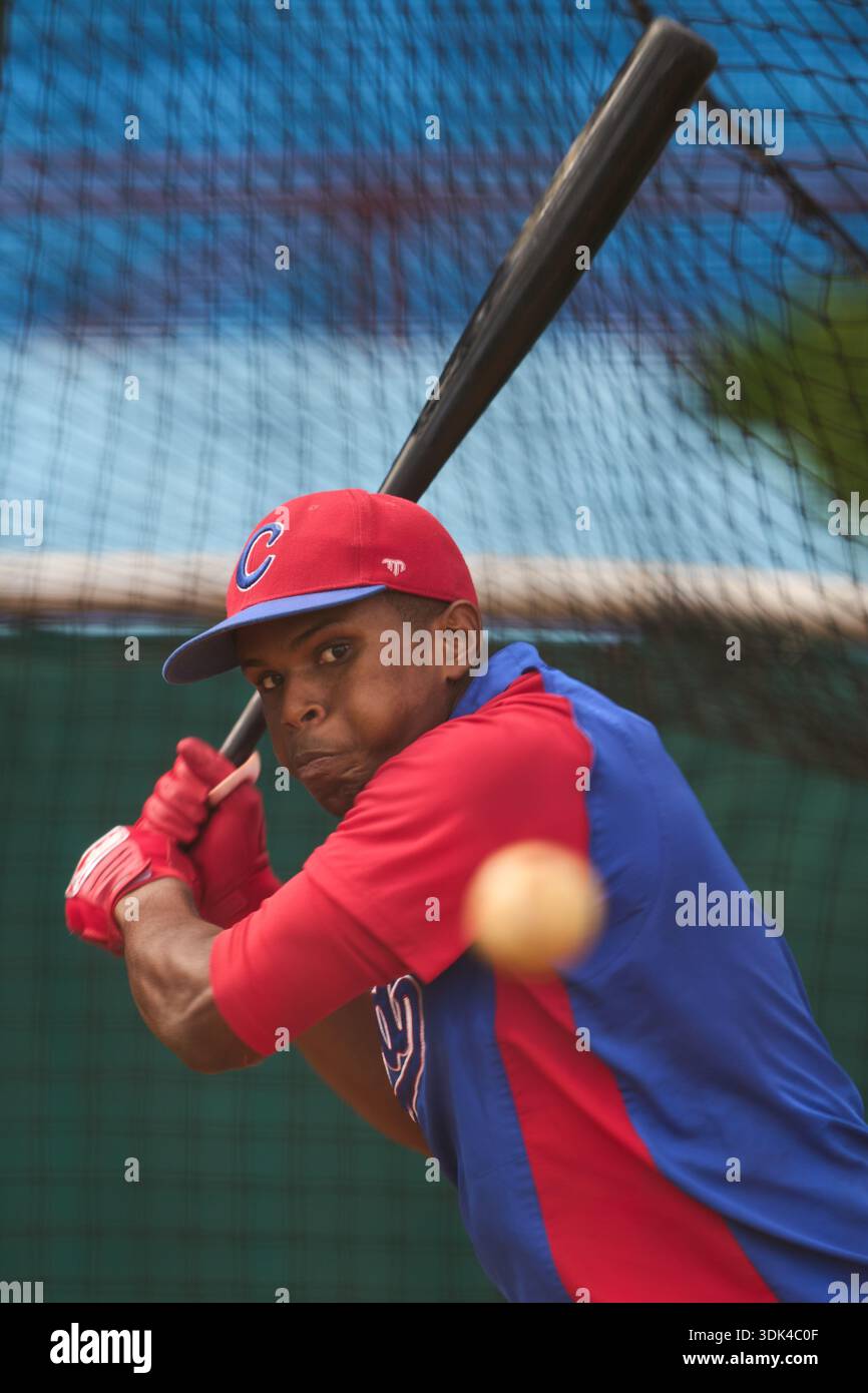 Cuban baseball player Raider Sánchez Trutie eyes the ball during a ...