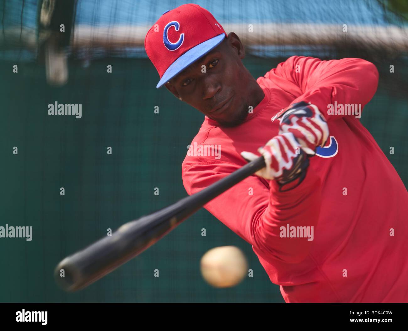 Cuban baseball player Luis Vicente Mateo bats during a training session ...