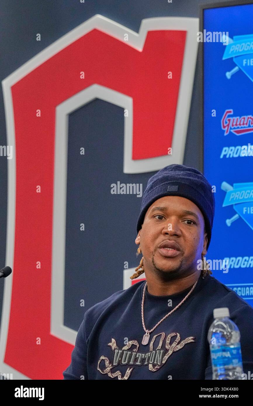 Cleveland Guardians third baseman Jose Ramirez speaks during a news ...