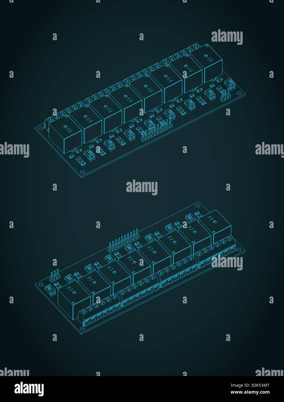 8 channel relay module board isometric blueprints stylized vector ...
