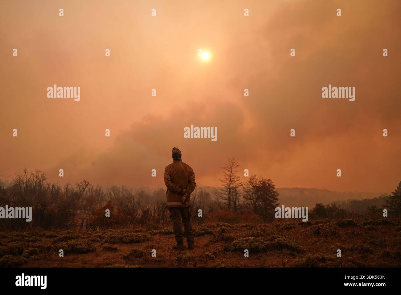 A firefighter looks at wildfires near Cholila, Argentina, Thursday, Jan ...