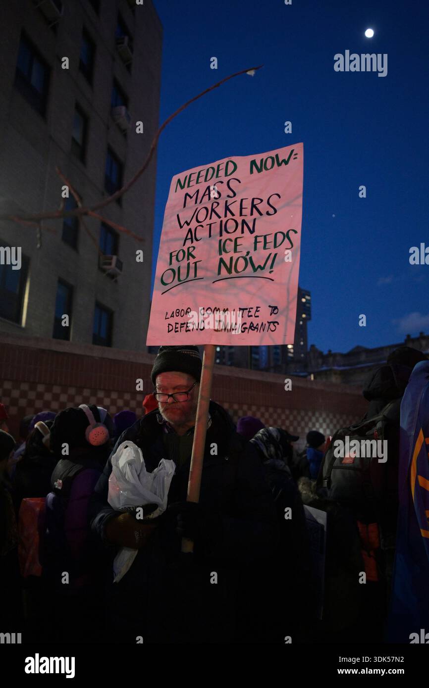 New York, New York, USA 29th Jan., 2026 Man holds sign calling for mass ...