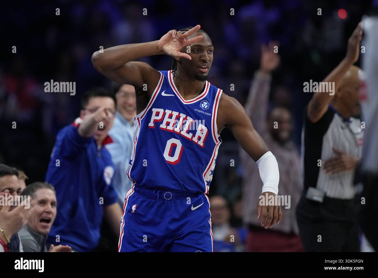 Philadelphia 76ers' Tyrese Maxey reacts during an NBA basketball game ...
