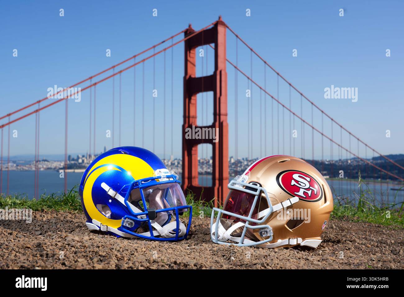 Detailed view of the Los Angeles Rams and San Francisco 49ers helmets ...