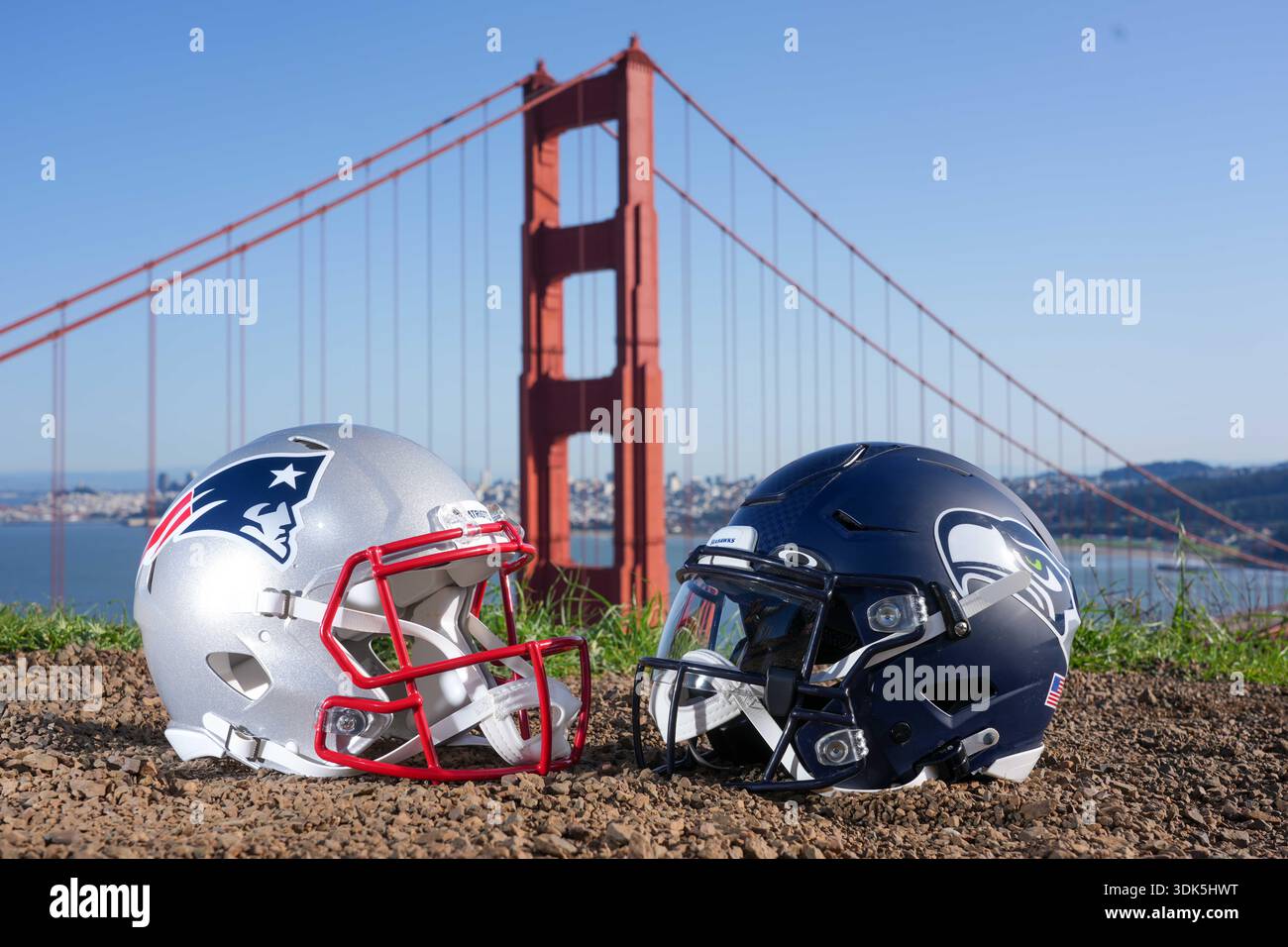 Detailed view of the New England Patriots and Seattle Seahawks helmets ...