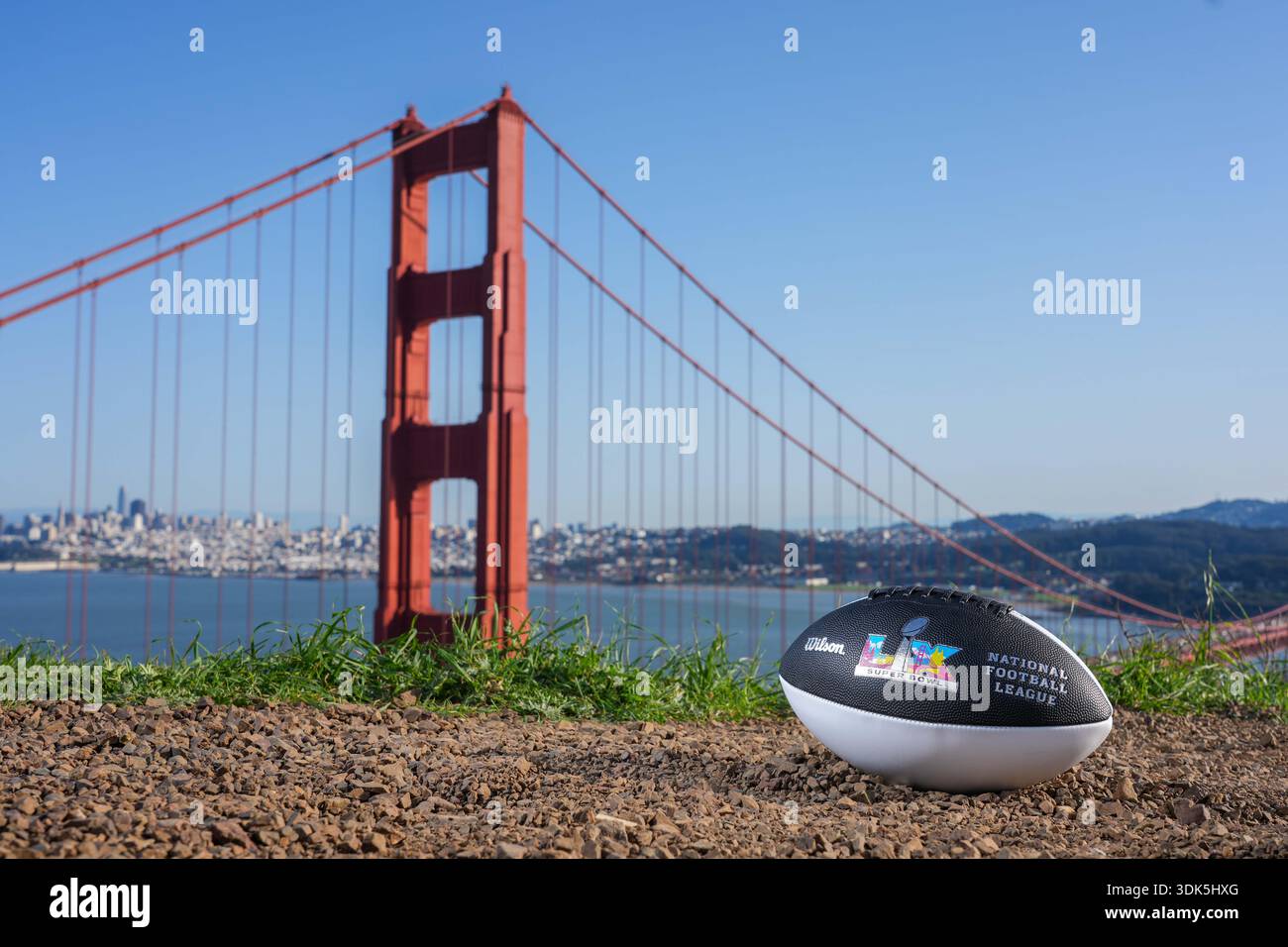 Detailed view of an NFL Super Bowl LX branded football at the Golden ...