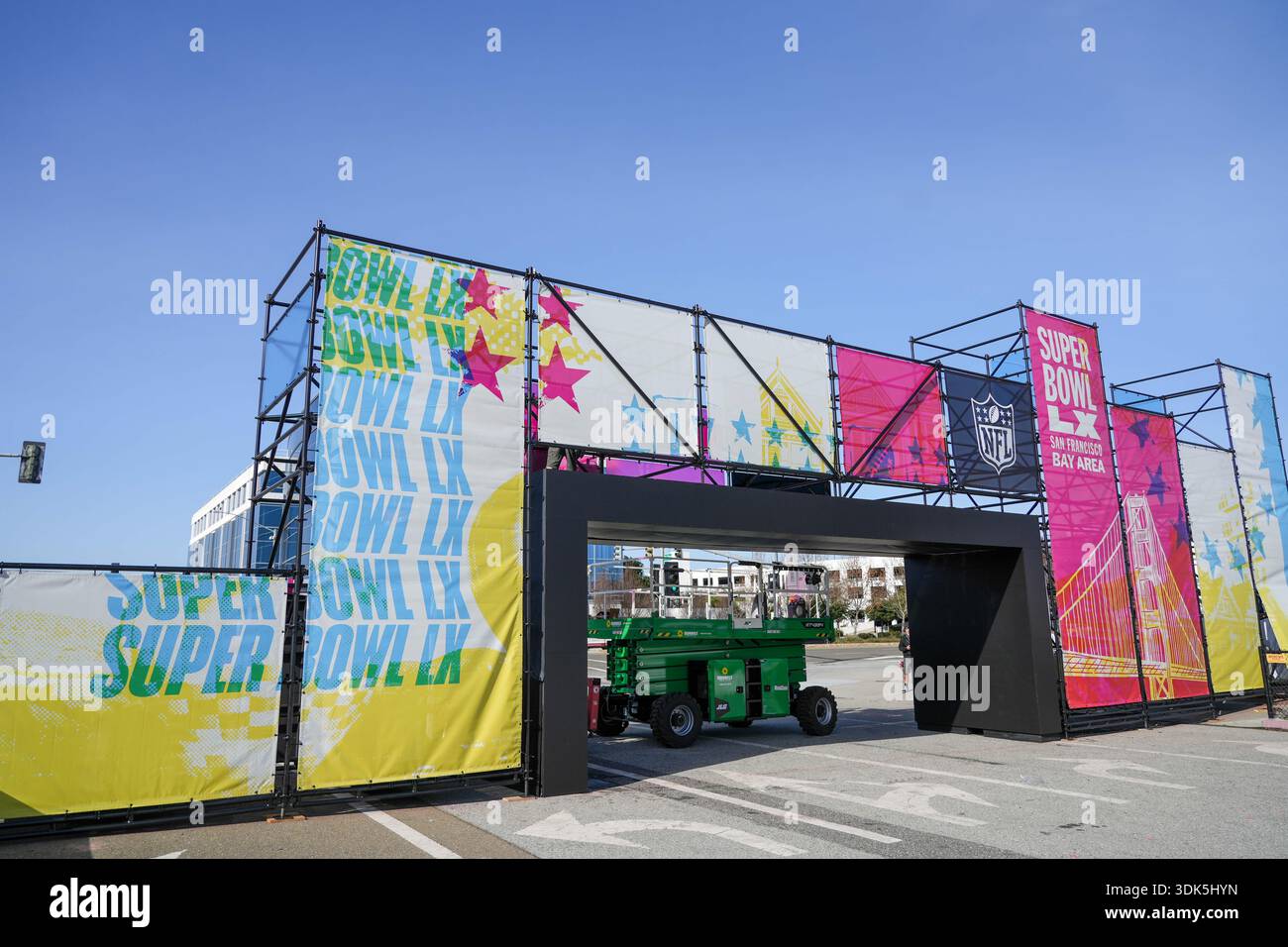 NFL signage is installed near Levi’s Stadium ahead of Super Bowl LX on ...