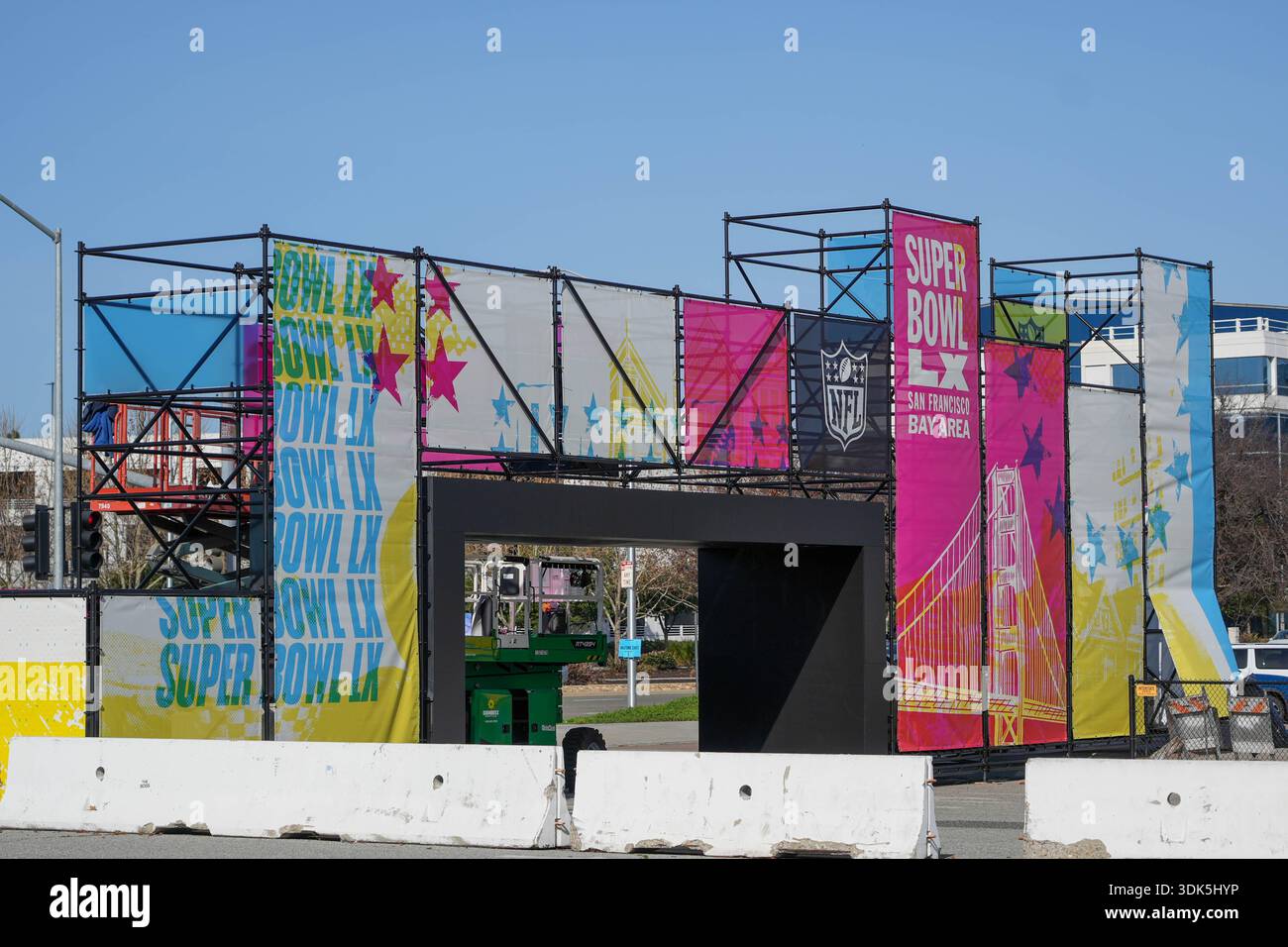 NFL signage is installed near Levi’s Stadium ahead of Super Bowl LX on ...