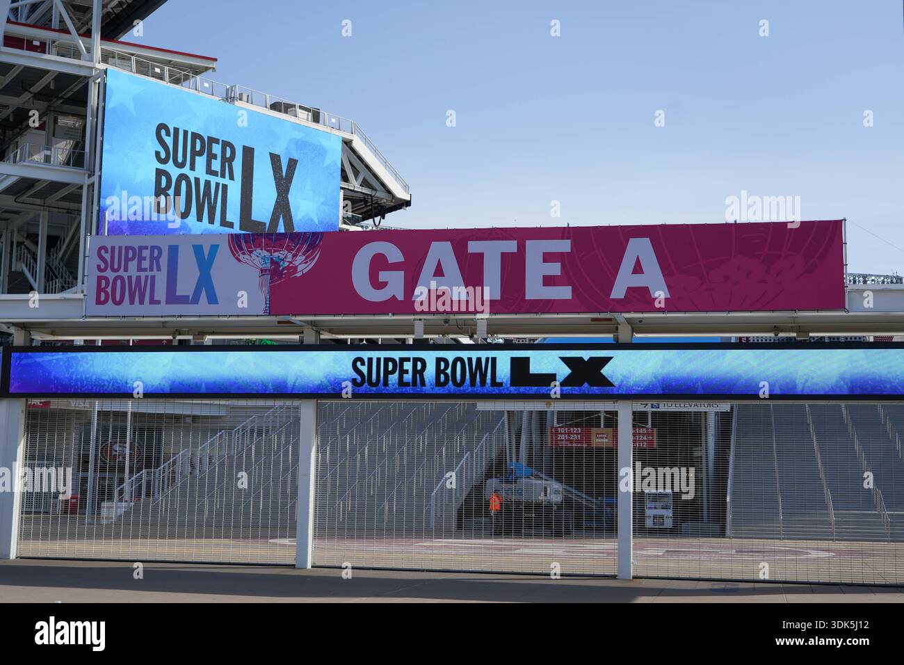 General overall view of Super Bowl LX signage at Levi’s Stadium ahead ...