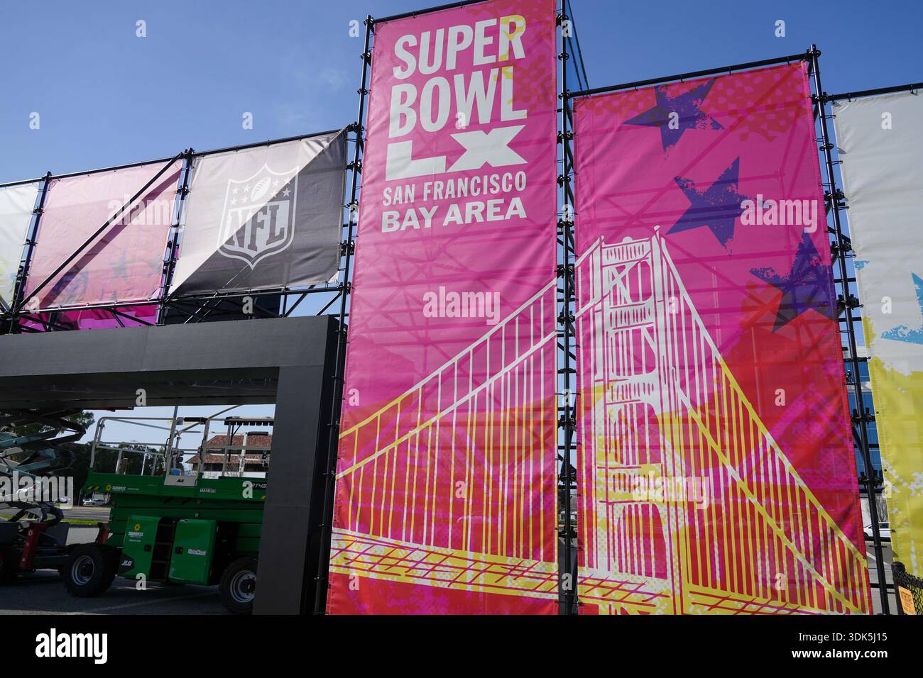 NFL signage is installed near Levi’s Stadium ahead of Super Bowl LX on ...