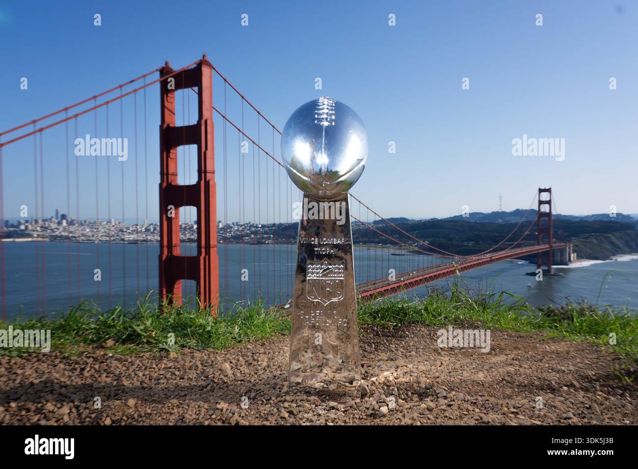Detailed view of the Vince Lombardi Trophy at the Golden Gate Bridge ...