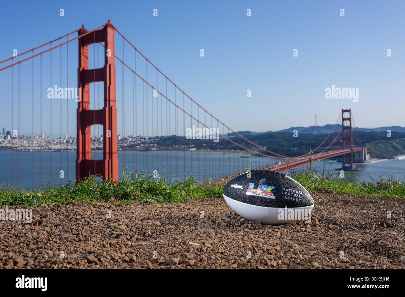 Detailed view of an NFL Super Bowl LX branded football at the Golden ...