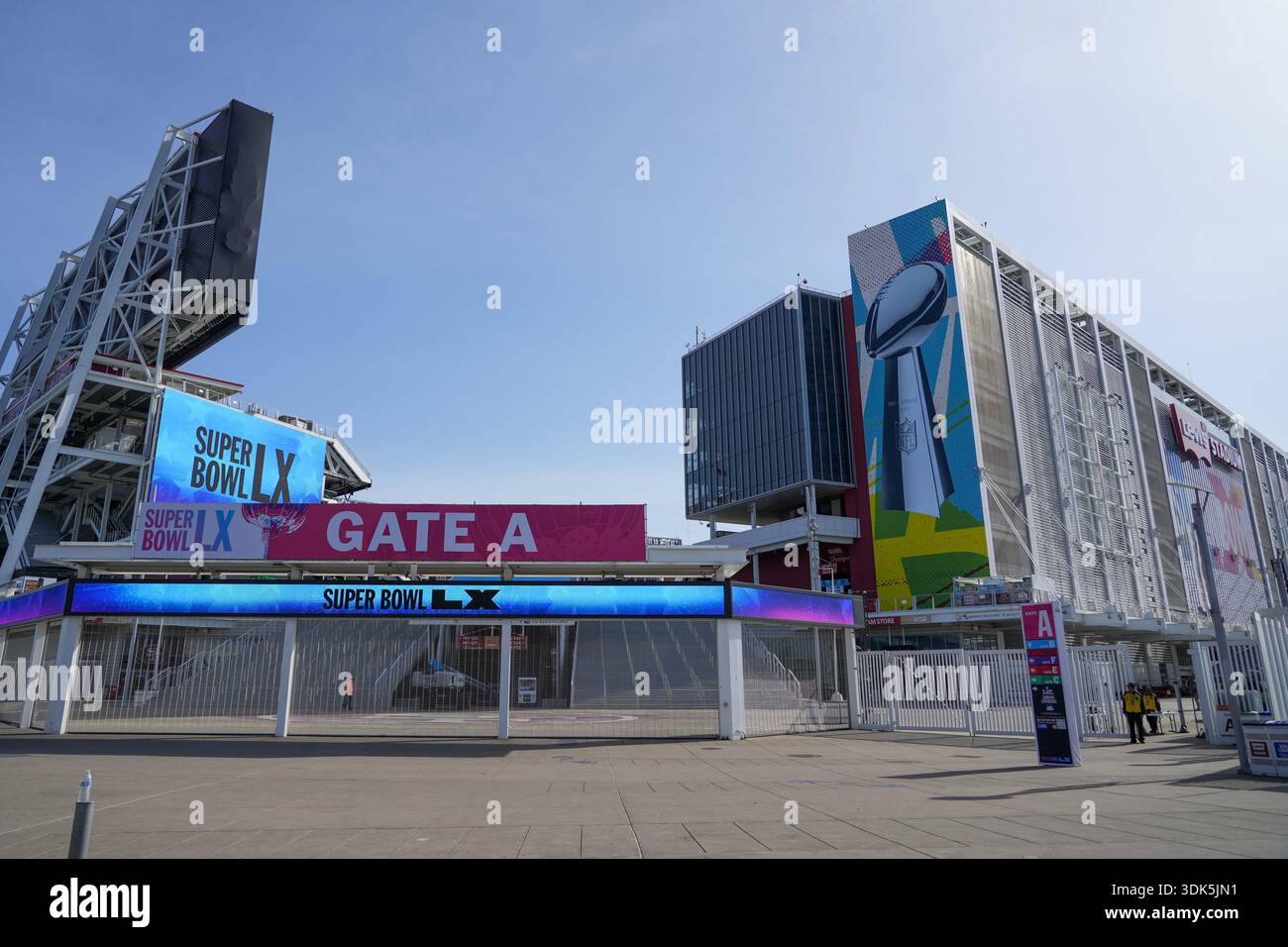 General overall view of Super Bowl LX signage at Levi’s Stadium ahead ...