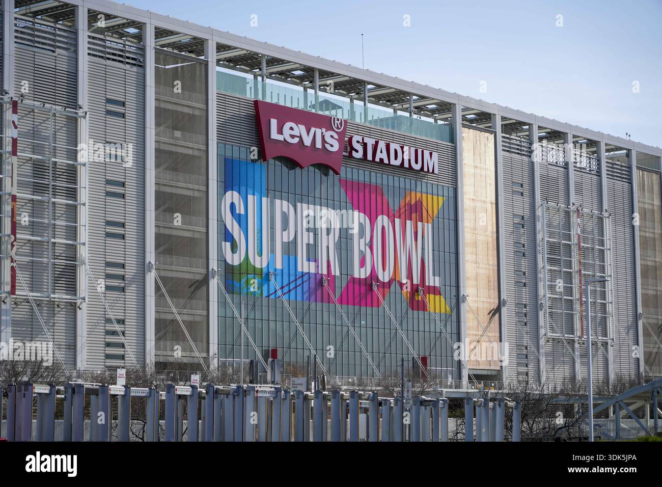 General overall view of Super Bowl LX signage at Levi’s Stadium ahead ...