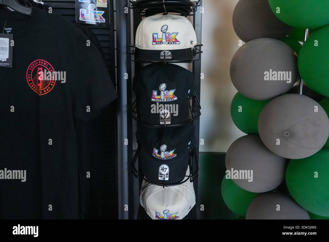 General overall view of NFL and Super Bowl LX branded merchandise at ...