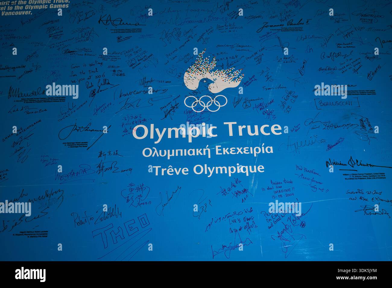 A board bearing signatures of athletes, leaders and public figures, in ...
