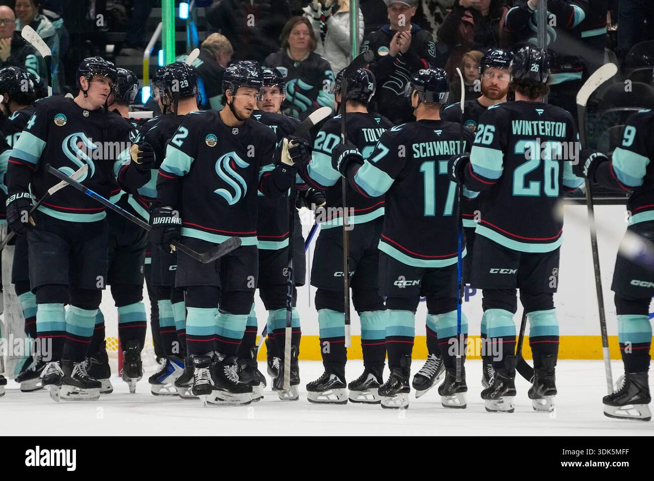 The Seattle Kraken celebrate a win over the Toronto Maple Leafs in an ...