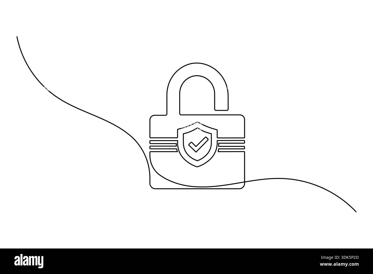 Unlocked padlock with a checkmark shield continuous line art drawing of ...