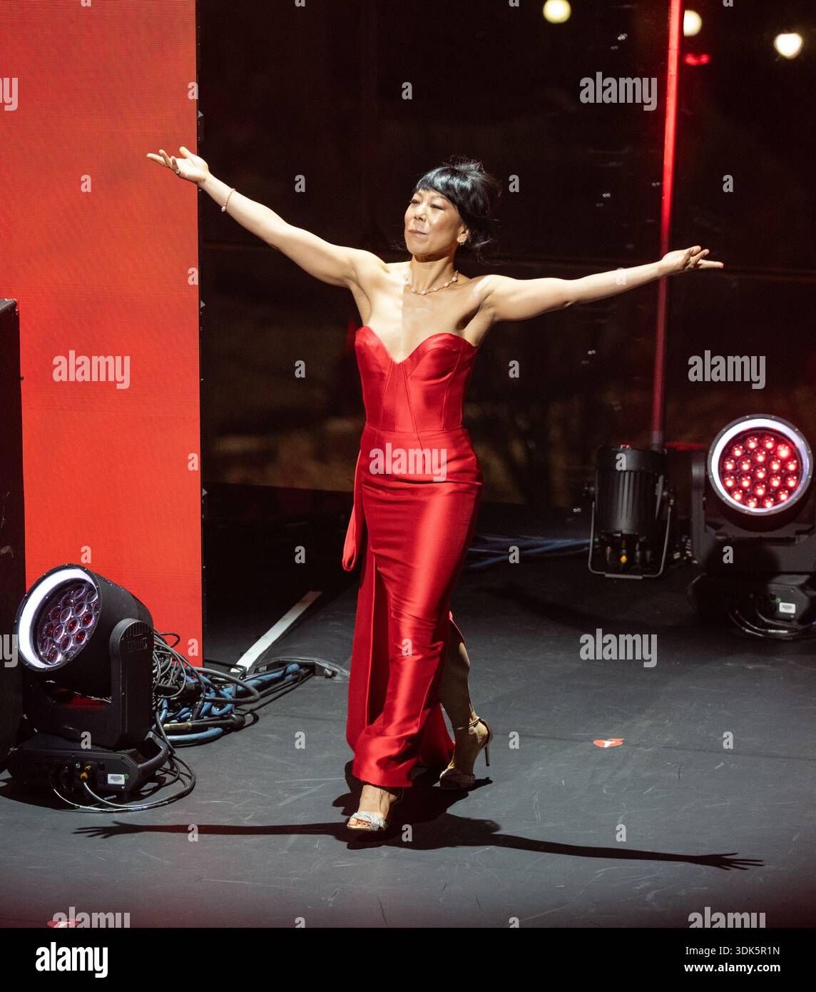 Ali Ahn wearing dress by Gustavo Cadile walks on stage during American ...